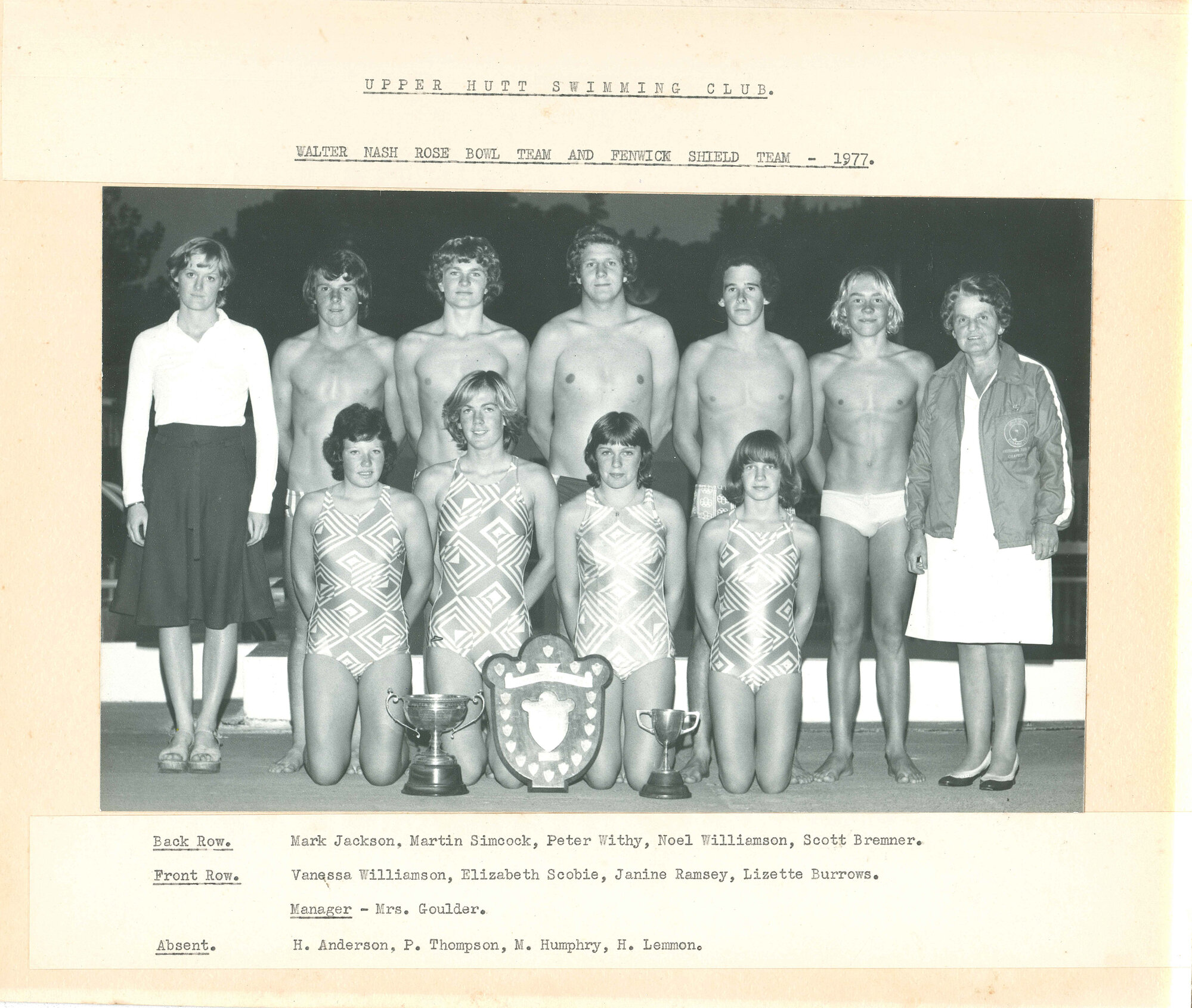 Upper Hutt Swimming Club, Walter Nash Rose Bowl team and Fenwick Shield ...